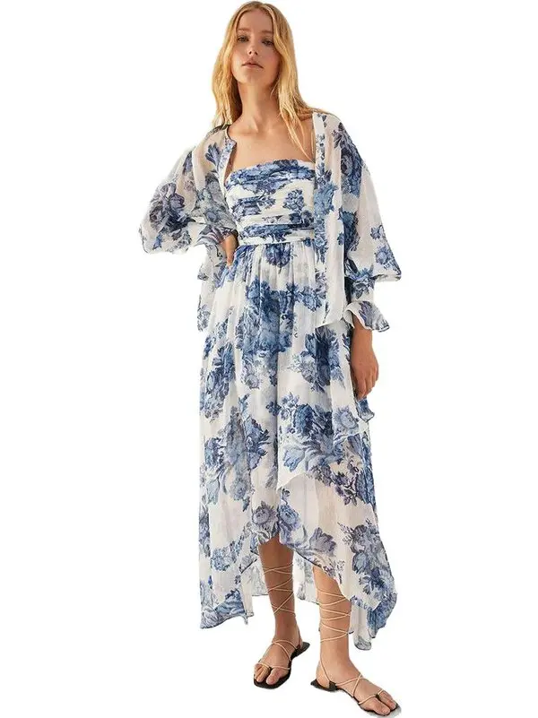 Rebecca Taylor Rosarium Fleur Silk Linen Maxi Dress - Delft Combo