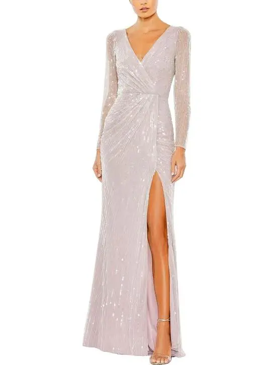 Mac Duggal Sequined Faux Wrap Long Sleeve Gown - Lavender