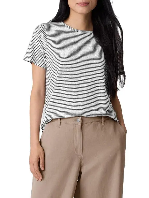 Eileen Fisher Stripe Organic Linen T-shirt - White/ Black