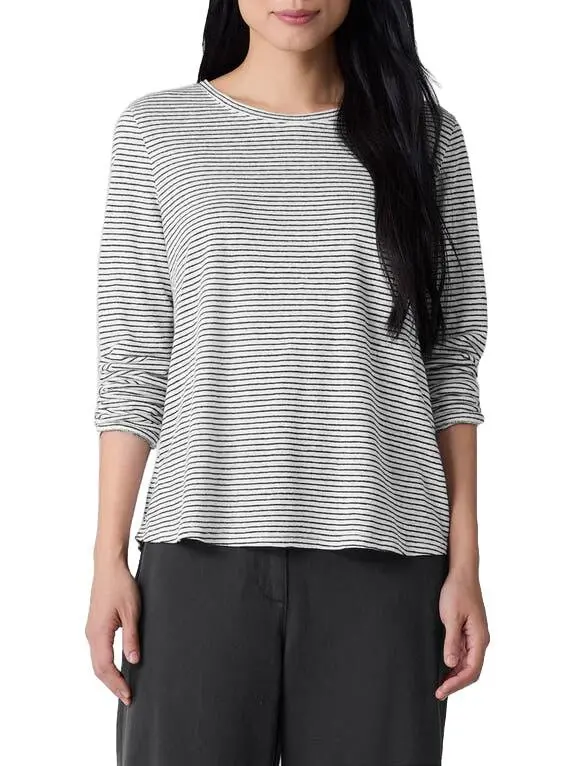 Eileen Fisher Stripe Organic Linen Long Sleeve T-shirt - White/ Black