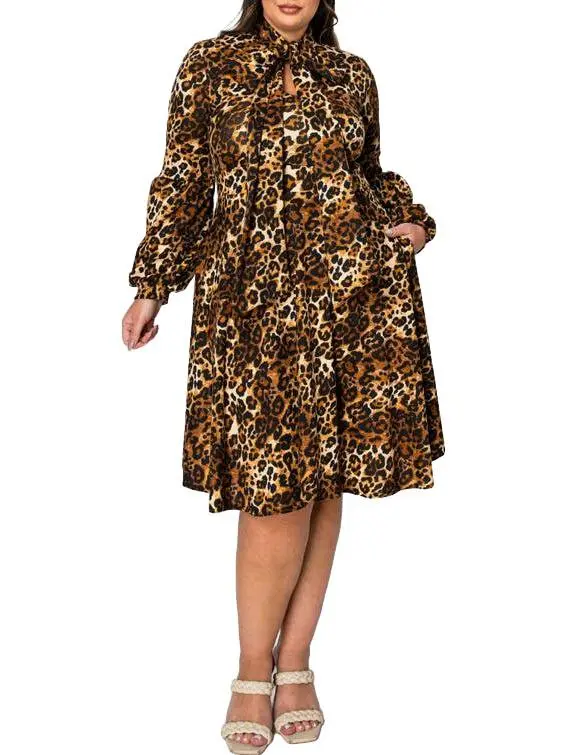 L I V D Zayleigh Leopard Print Tie Neck Long Sleeve Dress - Taupe