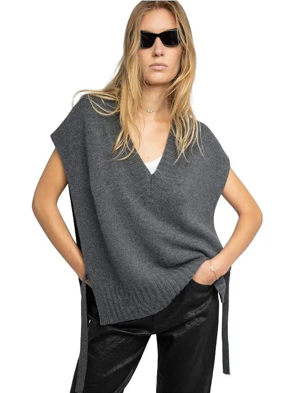 Zadig&Voltaire Maddy Sleeveless V-neck Cashmere Sweater - Black / Silver