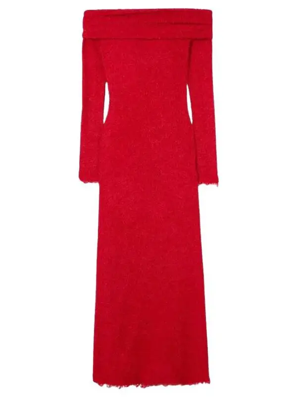 Isabel Marant Ormany Frayed Off-the-shoulder Bouclé Maxi Dress - Red