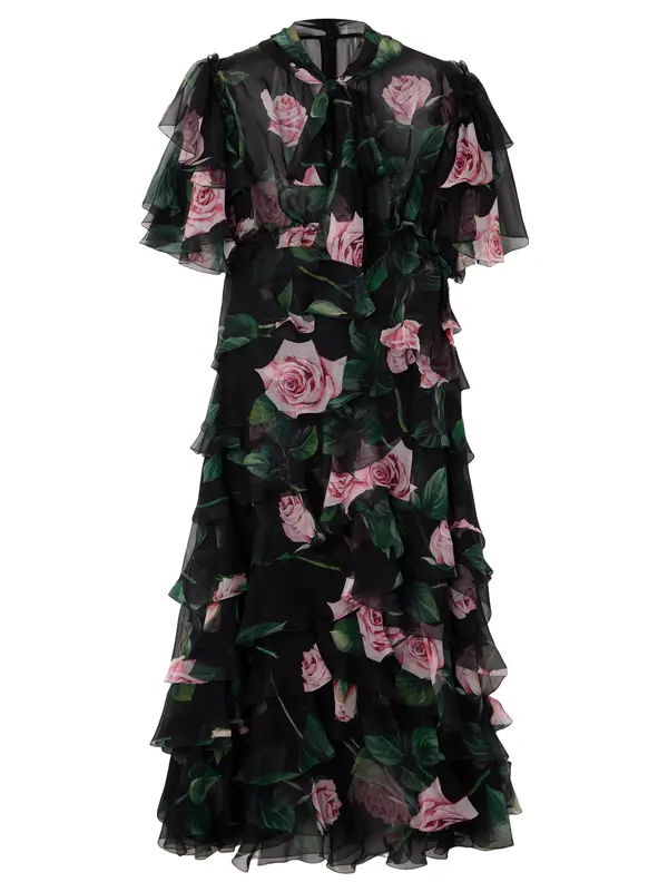 Dolce & Gabbana Tiered Floral-print Midi Dress - Black