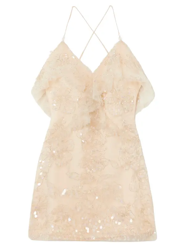 Aje Iridescence Ruffled Beaded Tulle Mini Dress - Cream