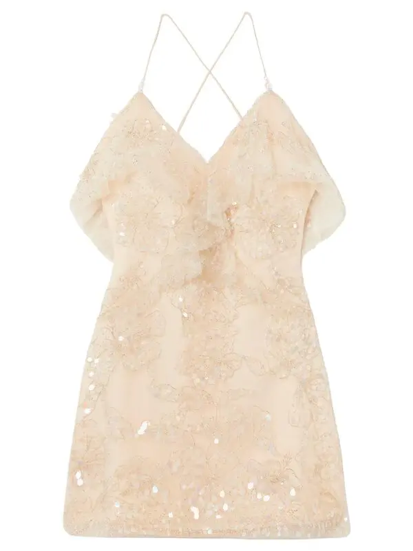 Aje Iridescence Ruffled Beaded Tulle Mini Dress - Neutrals