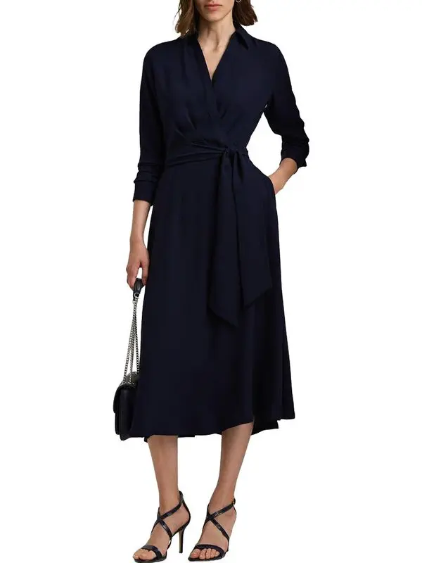 Ralph Lauren Surplice Long Sleeve Georgette Midi Dress - Lighthouse Navy