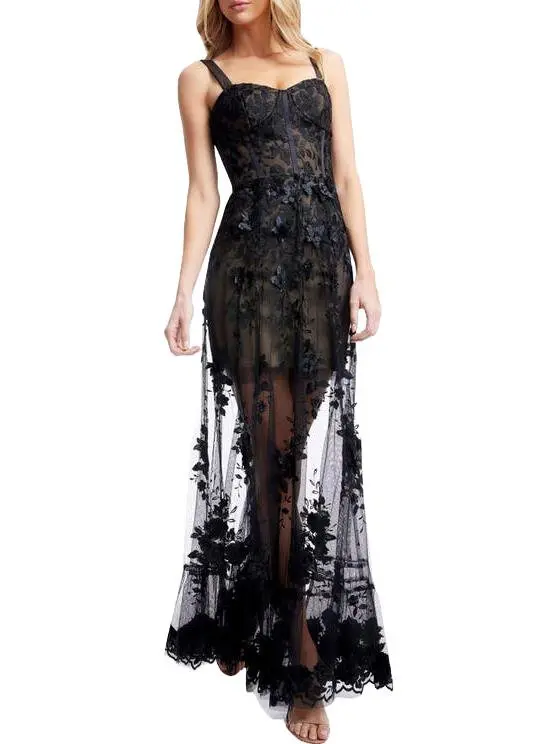 Dress The Population Anabel Sheer Lace Gown - Black/ Beige
