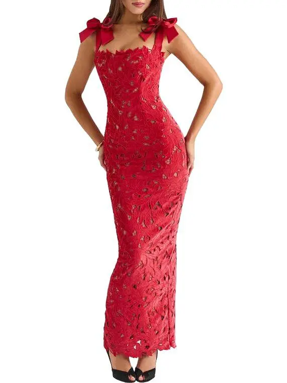 House Of Cb Tiff Velvet Lace Dress - Hauted Red