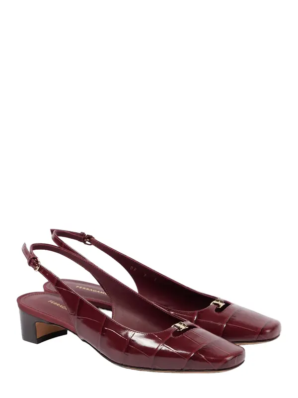 FERRAGAMO Croc-effect Leather Slingback Pumps - Burgundy
