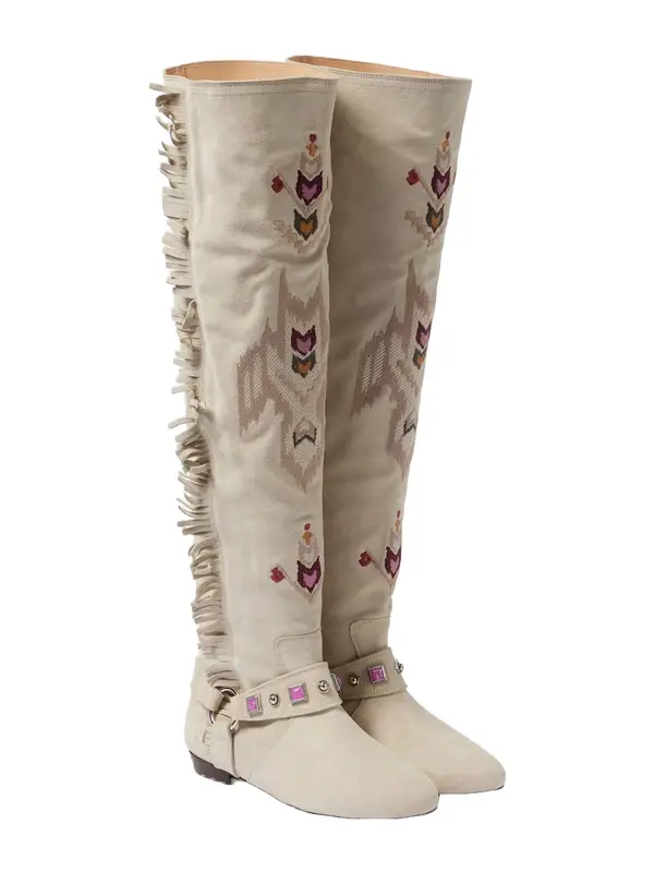 Isabel Marant Soksa Embroidered Suede Knee-high Boots - White