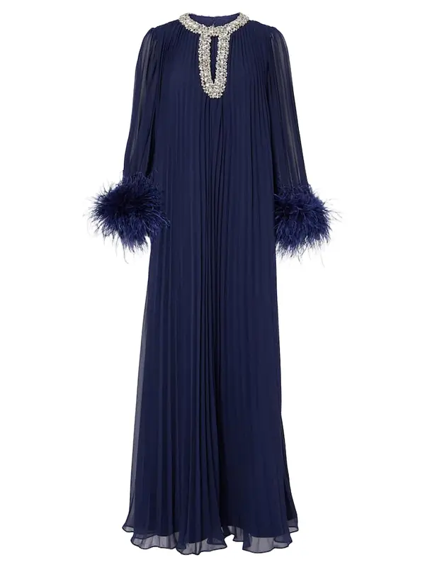 SELF-PORTRAIT Plissé Feather-trimmed Maxi Dress - Blue