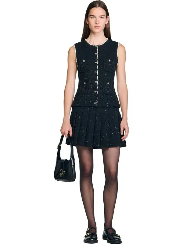 Sandro Embellished Tweed Vest Top - Black