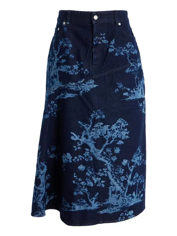 Erdem Printed Denim Midi Skirt - Navy