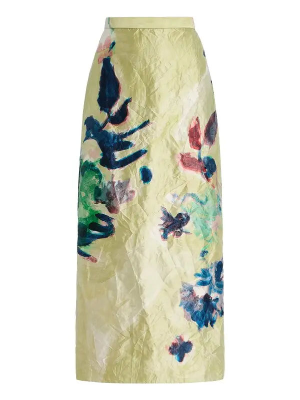 Erdem Printed Satin Midi Skirt - Yellow