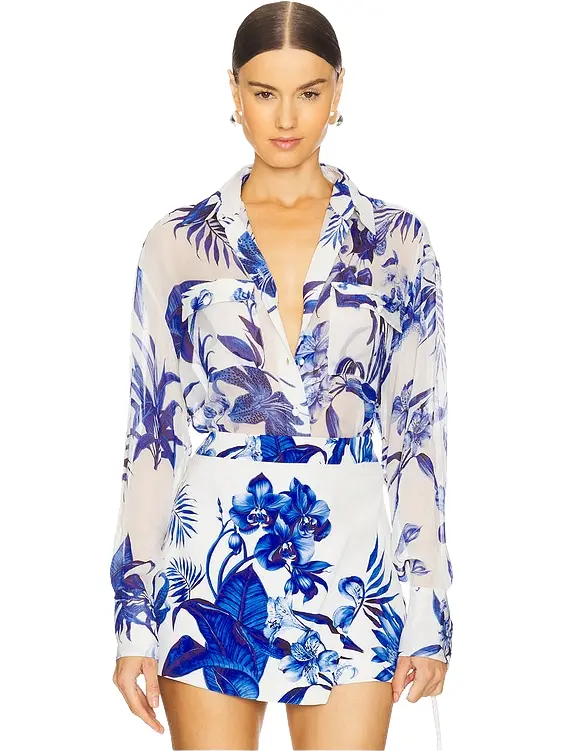 Rococo Sand Floral Viscose Top - White & Blue