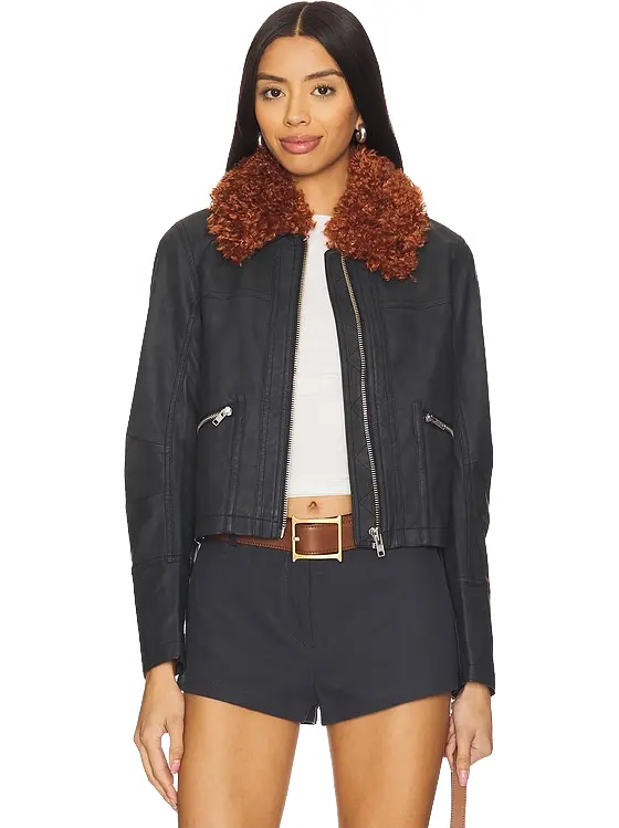 Free People Faux Leather Jacket With Faux Fur Trim - Black Combo