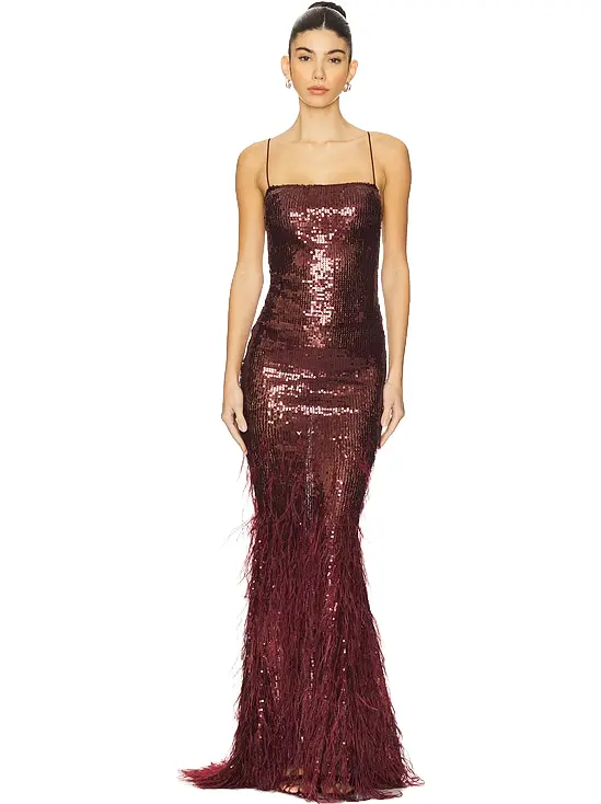 Retrofete Odessa Feather-trimmed Sequin Gown - Cabernet