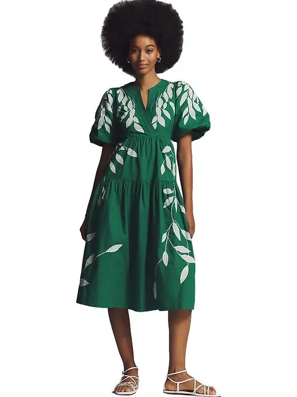 Anthropologie Short-sleeve Appliqué Maxi Dress - Green