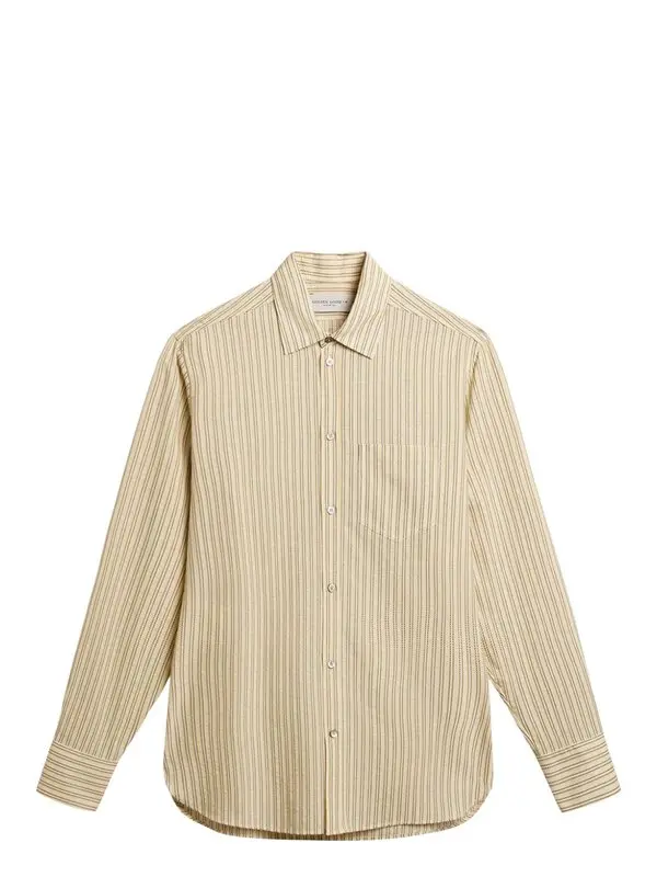 GOLDEN GOOSE Ecru Cotton Shirt With Narrow Black Stripes - Yellow