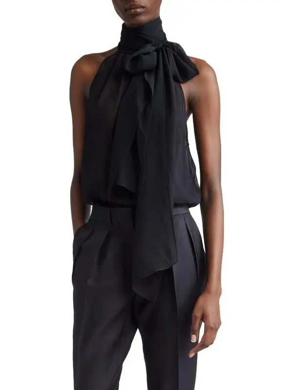 TOM FORD Silk Georgette Tie Neck Top - Black