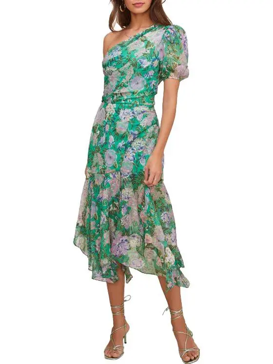 Astr The Label Santorini One Shoulder Asymmetrical Midi Dress - Green Lilac Multi Floral