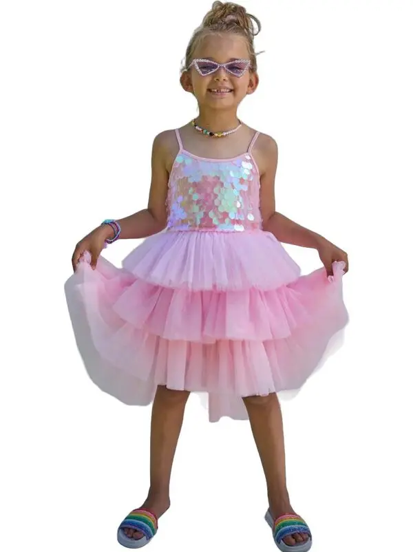 LOLA + THE BOYS Paillette Tiered Tulle Dress - Pink