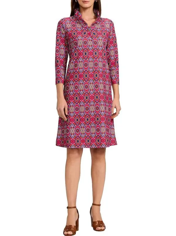 Foxcroft Tammy Tile Print Collared Dress - Red/ Multi