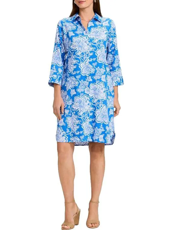 Foxcroft Rocca Floral Print Belted Shirt Dress - Cobalt Blue