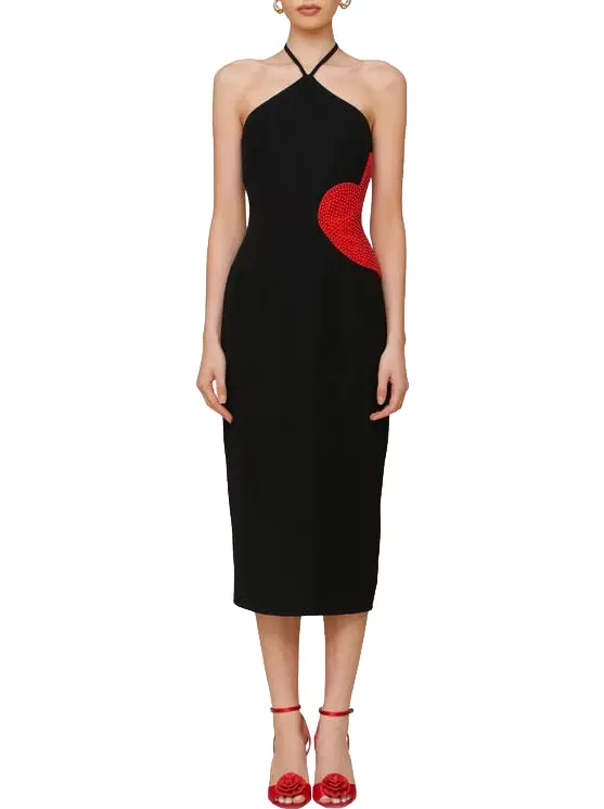 Avec Les Filles Heart Appliqué Halter Midi Dress - Black Red