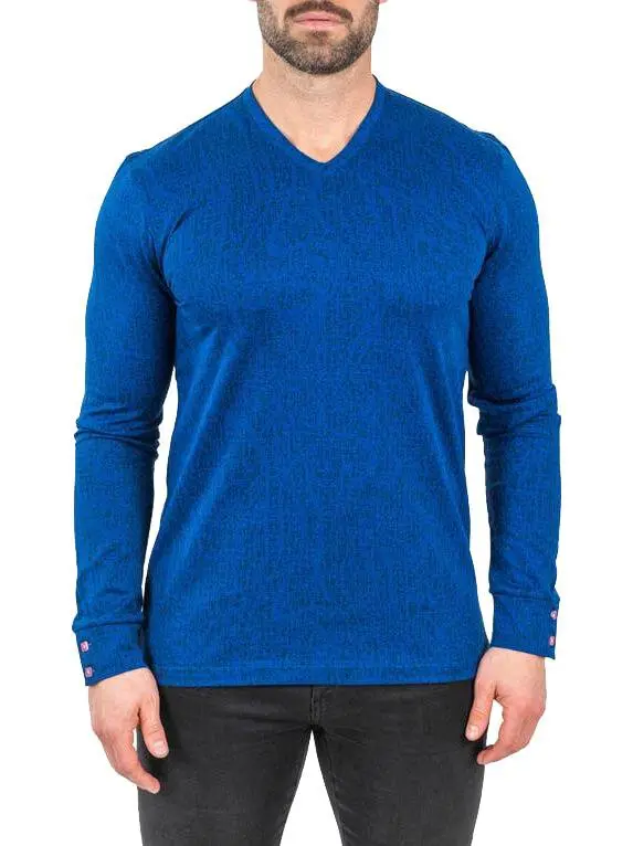 MACEOO Edison Solid V-neck Cotton Sweater - Blue