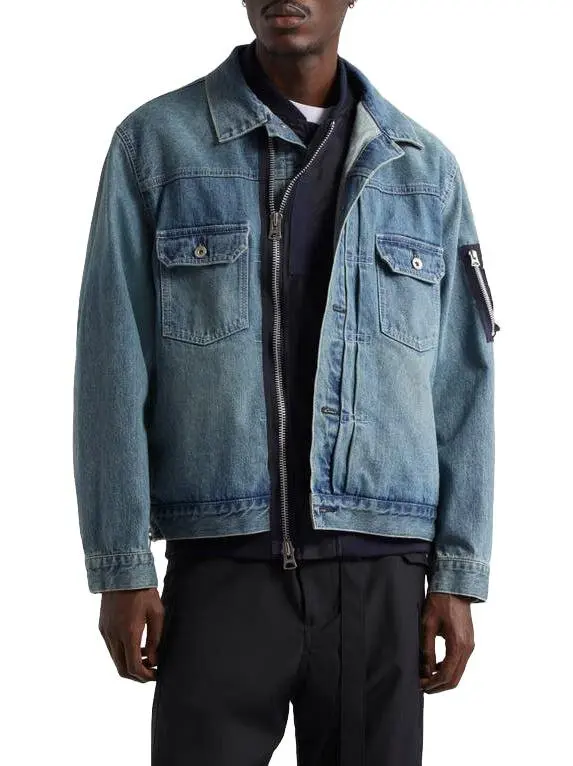 Sacai Layered Mixed Media Trucker Jacket - Light Blue