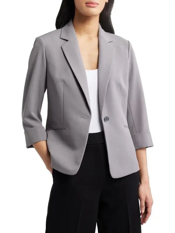 KASPER Stretch Crepe One-button Blazer - Granite