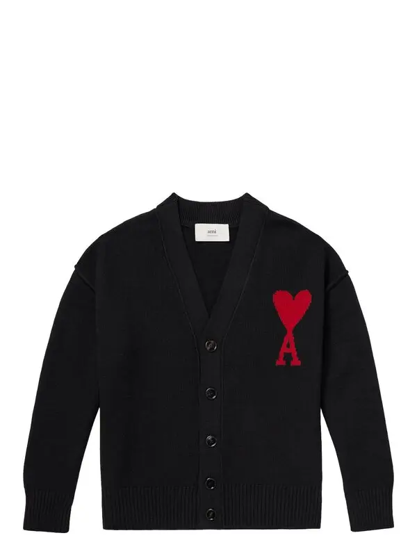 Ami Logo-intarsia Virgin Wool Cardigan - Black