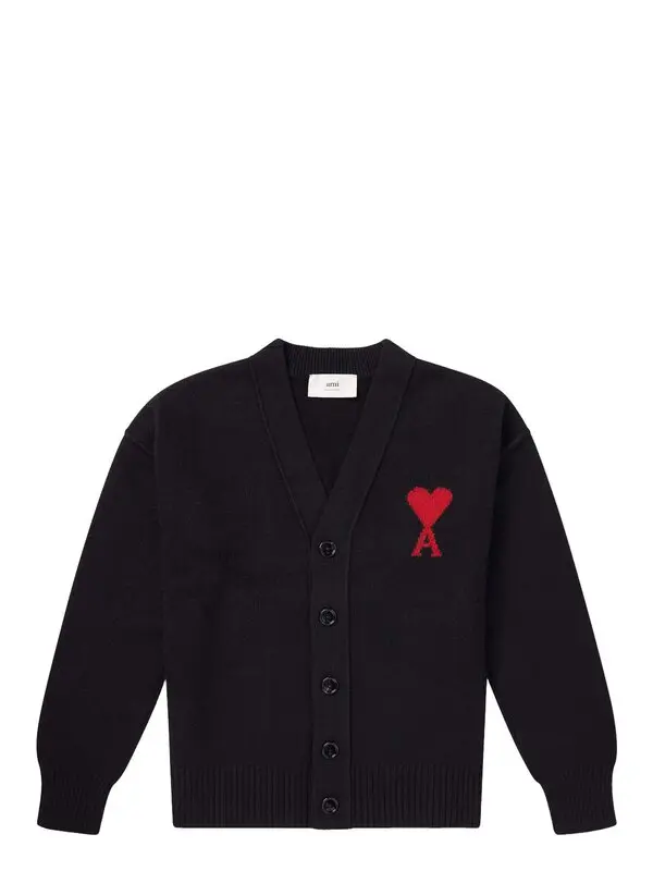 AMI Paris Logo-intarsia Virgin Wool Cardigan - Black