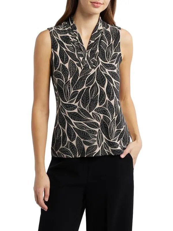 Anne Klein Leaf Print Sleeveless Top - Anne Black/ Latte