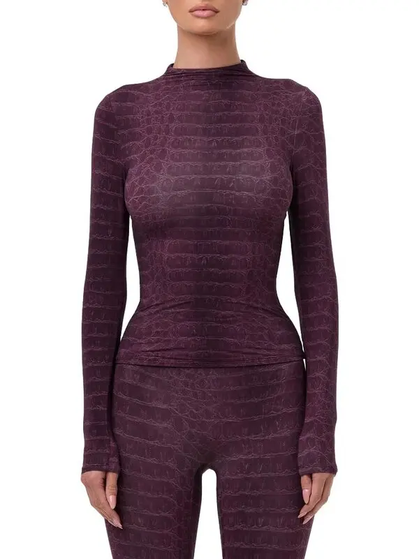 Naked Wardrobe Print Turtleneck Top - Dark Plum Crocodile
