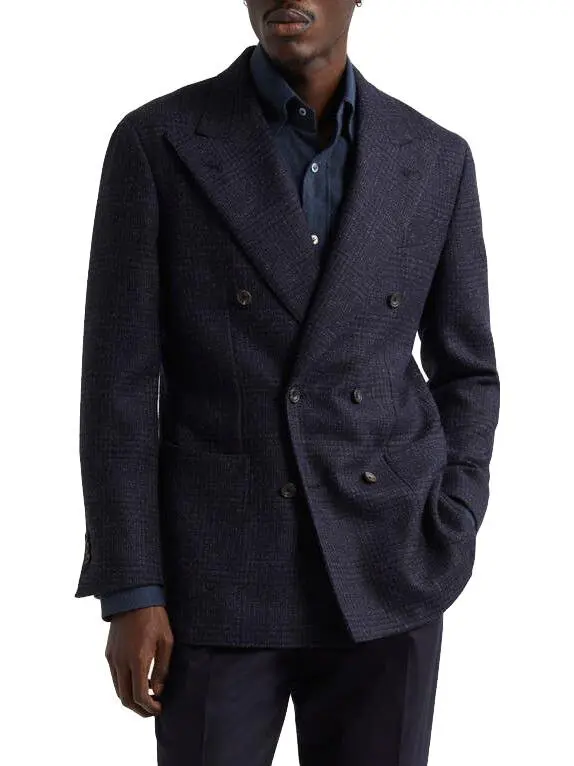 Thom Sweeney Unstructured Double Breasted Plaid Wool Sport Coat - Navy Check