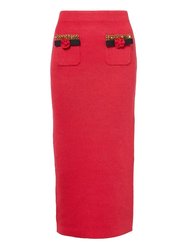 SELF-PORTRAIT Embellished Knitted Midi Skirt - Red
