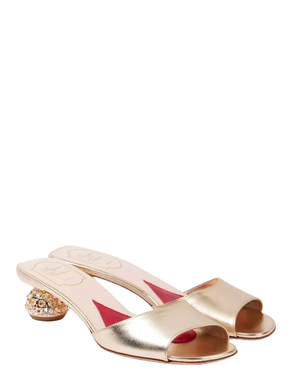 ROGER VIVIER Embellished Metallic Leather Mules - Gold