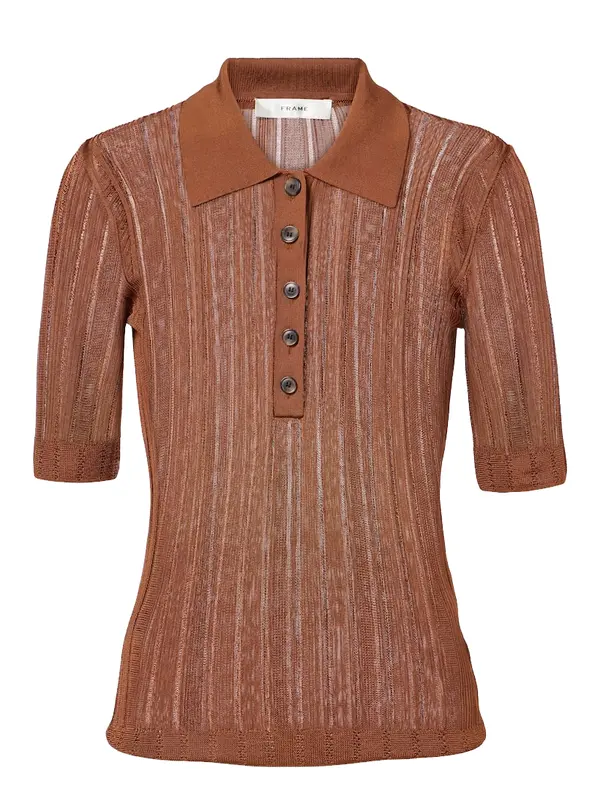 FRAME Laddered Ribbed-knit Polo Shirt - Brown