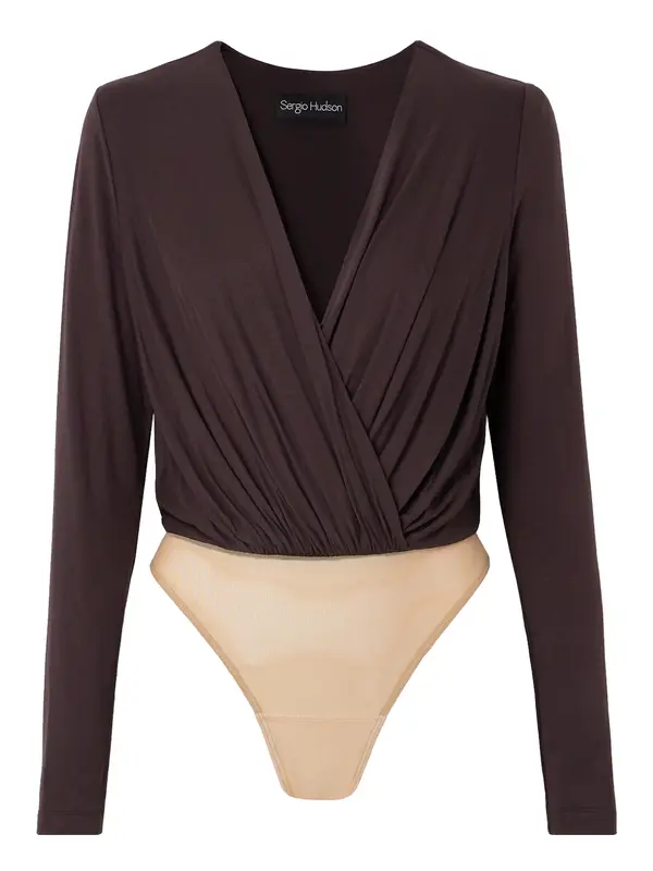 SERGIO HUDSON Stretch-bamboo Viscose Jersey And Tulle Bodysuit - Brown