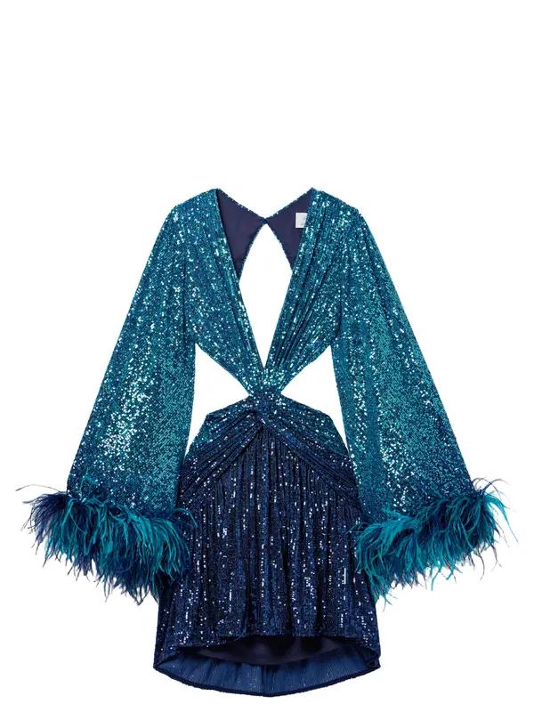 PatBO Alessandra Ambrosio Cutout Feather-trimmed Sequined Tulle Mini Dress - Blue