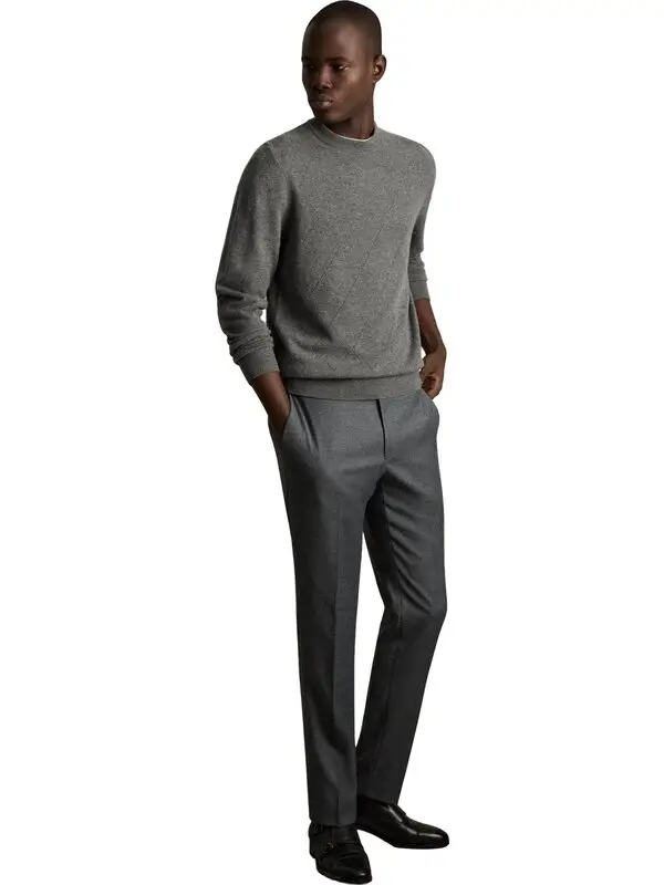 REISS Vince Wool Argyle Crew-neck Jumper - Mid Grey Melange