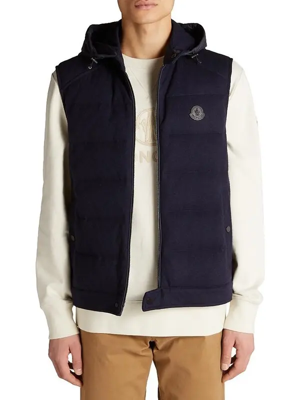 Moncler Rezila Cashmere & Nylon Full Zip Hooded Down Vest - Navy Blue
