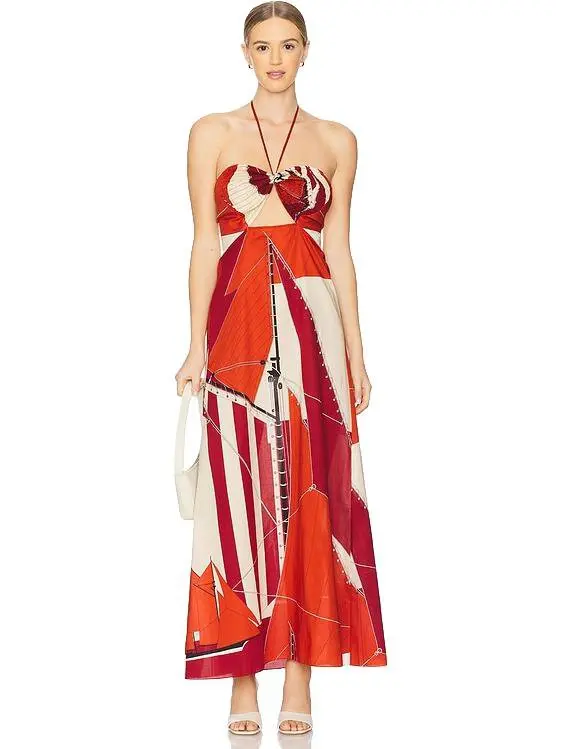 Johanna Ortiz Meteorito Del Mar Maxi Dress - Sailboats Ecru & Red & Wine