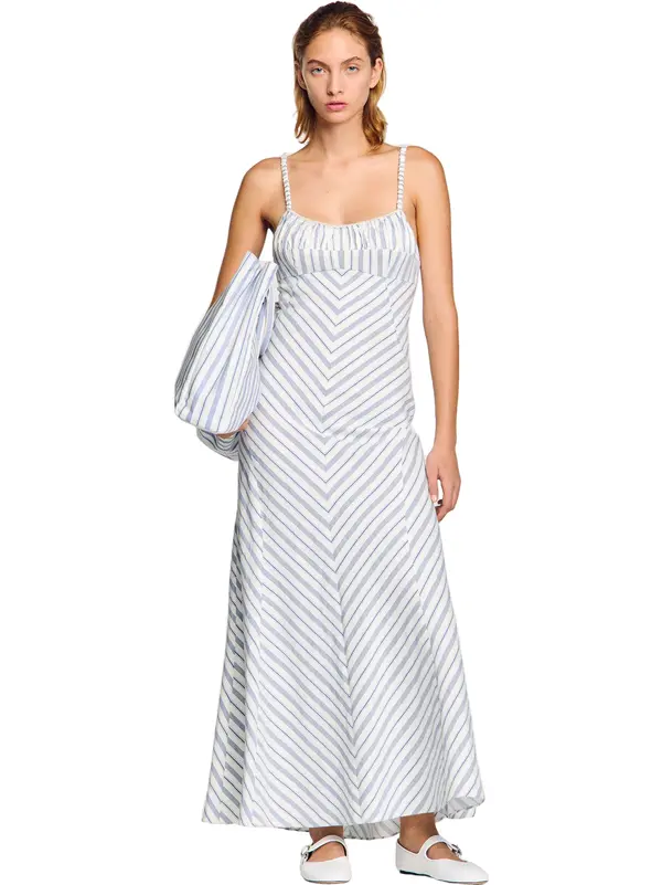 Sandro Striped Maxi Dress With Spaghetti Straps - Blue / Ecru