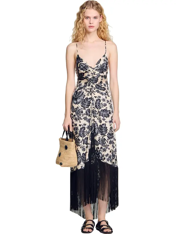 Sandro Floral Print Maxi Dress - Ecru / Black