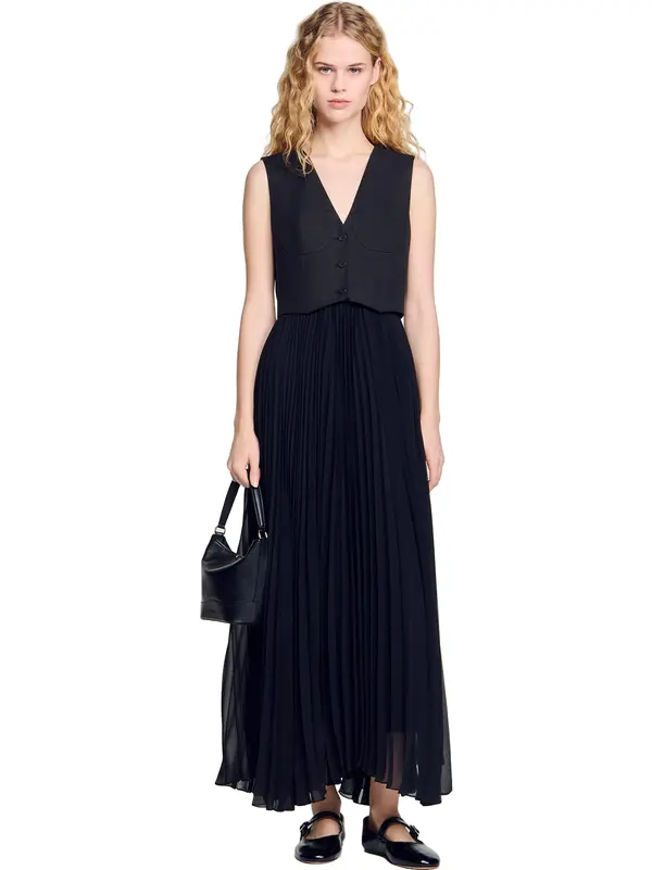 Sandro Sleeveless Pleated Maxi Dress - Black