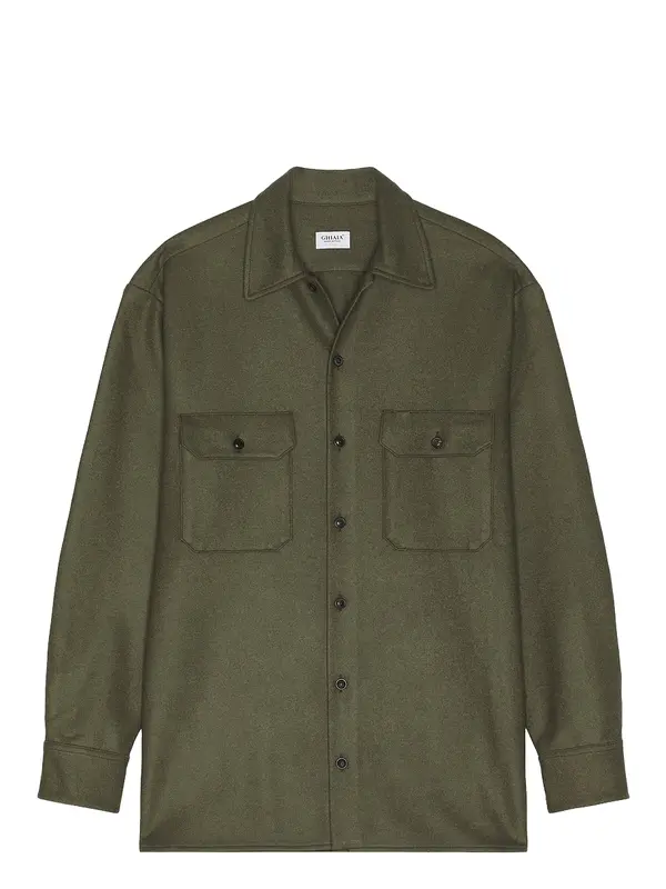 GHIAIA Virgin Wool Working Shirt In Green - Military Green